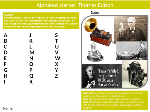 Thomas Edison Alphabet Analyser Sheet Starter Activity Keywords Cover ...