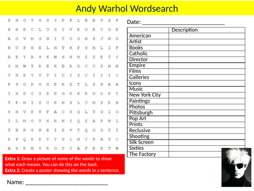 3 x Andy Warhol Wordsearch Sheet Starter Activity Keywords Cover Famous ...
