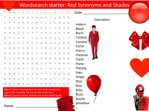 3 x The Colour Red Wordsearch Sheet Starter Activity Keywords Cover Art ...