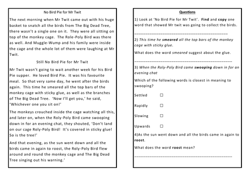 Roald Dahl Week Guided Reading Activities with SAT style questions ...