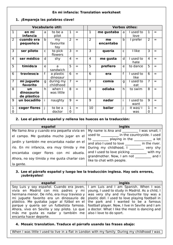 Spanish Childhood and Imperfect Tense Translation Worksheet GCSE ...