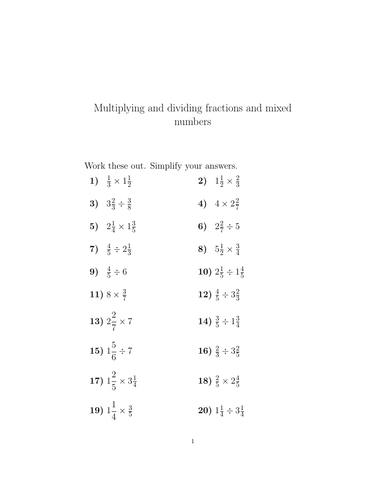 Multiplying and dividing fractions and mixed numbers worksheet (with ...