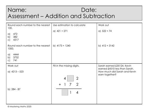 Quick Mastery Assessment - Addition and Subtraction | Teaching Resources