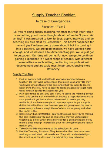 Supply Teacher Emergency Booklet | Teaching Resources