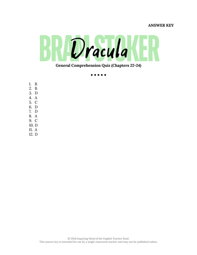 Dracula by Bram Stoker Chapters 22 through 24 Quiz and Answer Key ...