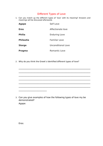 Different Types of Love Worksheet | Teaching Resources