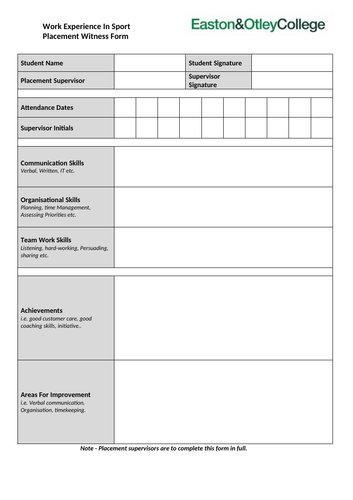 BTEC Level 2 Sport Work Experience Unit Resources | Teaching Resources