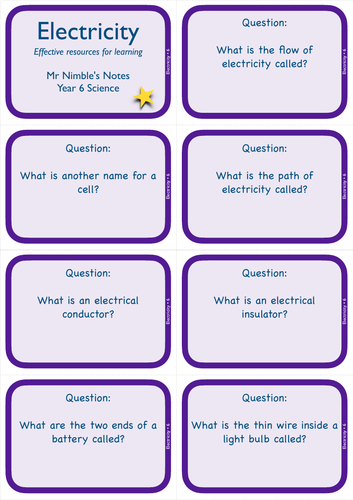 Year 6 Quiz Cards - Electricity | Teaching Resources