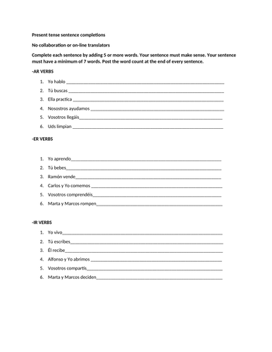 Sentence completions with present tense | Teaching Resources