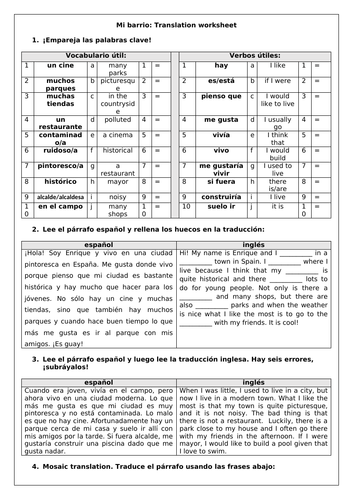 Spanish Mi barrio / Mi ciudad: Town & My area Translation Worksheet ...