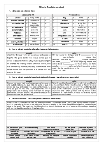 Spanish Mi barrio / Mi ciudad: Town & My area Translation Worksheet ...