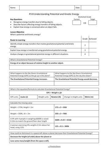 KS3 Physics AQA P3 8 Understanding Potential and Kinetic Energy Lesson ...