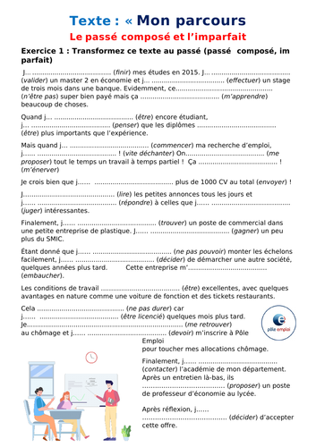 French text (with blanks): "mon parcours professionnel" (passé composé ...