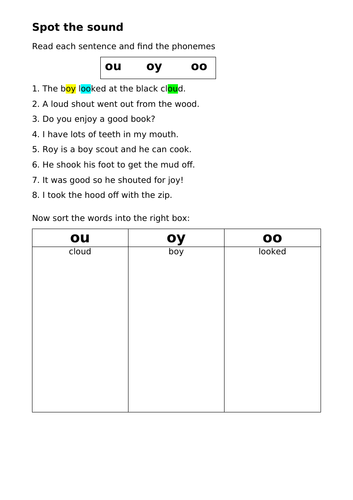 Sound spot sentences oo/oy/ou | Teaching Resources