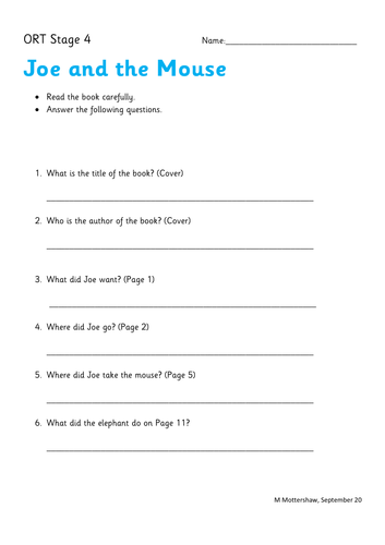 ORT Stage 4 Reading Comprehension Joe and the Mouse | Teaching Resources