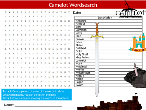 2 x Camelot Wordsearch Sheet Starter Activity Keywords Cover Homework ...