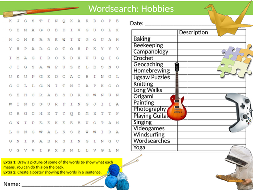 Hobbies Wordsearch Puzzle Sheet Keywords Settler Starter Cover Lesson ...