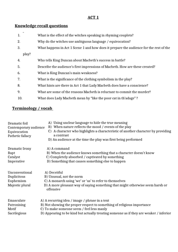 Macbeth Act 1 Consolidation / Revision Tasks | Teaching Resources