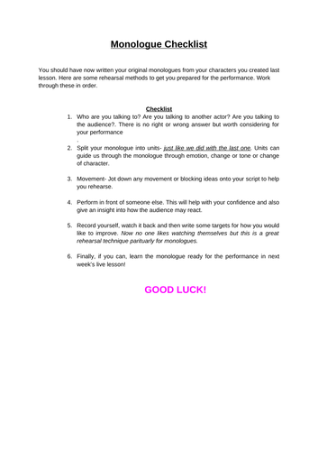 Year 7 Monologue SOW | Teaching Resources