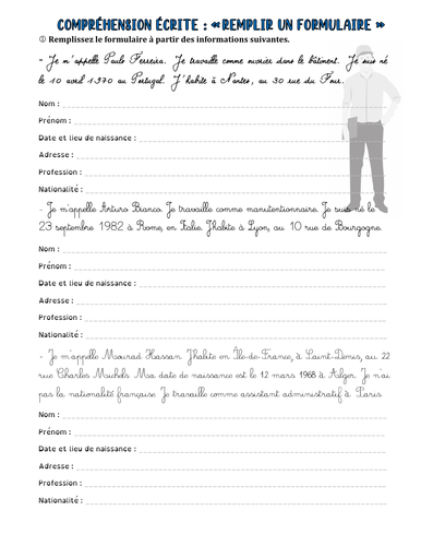 French worksheet (A1): filling in a form with information (personal ...