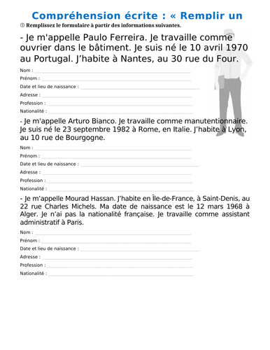 French worksheet (A1): filling in a form with information (personal ...