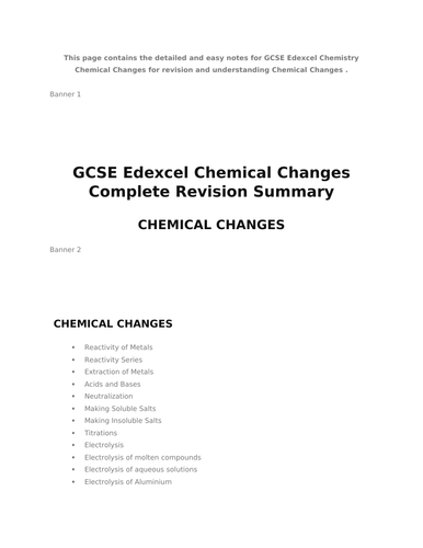 GCSE Edexcel Chemical Changes Complete Revision Summary | Teaching ...