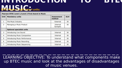 BTEC Music: Introduction and Venues | Teaching Resources