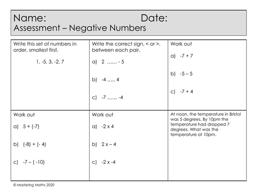 Quick Mastery Assessment - Negative Numbers | Teaching Resources