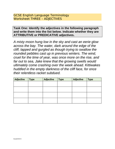 GCSE English Language Terminology 4, Adjectives | Teaching Resources