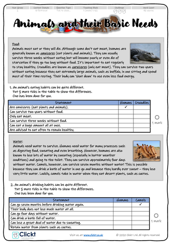 Year 2 Reading Comprehension (NON-FICTION): Science: Animals (including ...