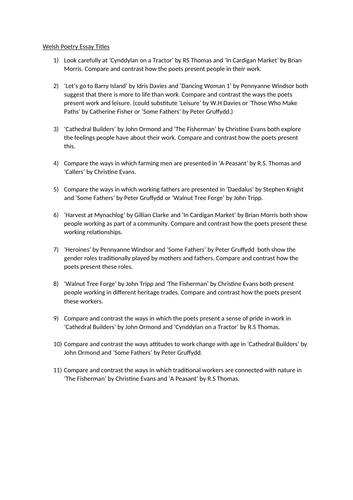 Welsh Poetry Essay Questions 2021 | Teaching Resources