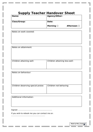 Supply Handover Sheet | Teaching Resources