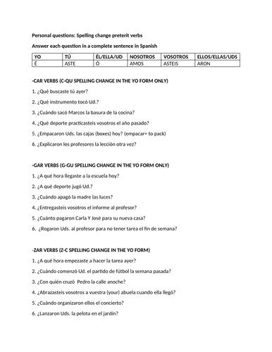 Spelling change preterit questions | Teaching Resources