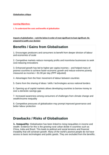 A-Level Globalisation Worksheets | Teaching Resources