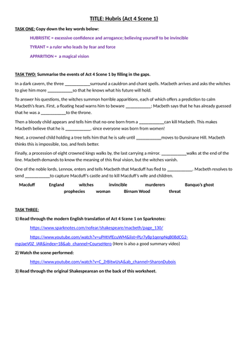 KS4 Macbeth Independent Learning Act 4 | Teaching Resources
