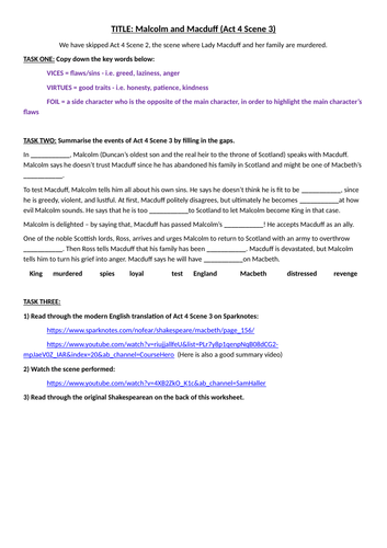 KS4 Macbeth Independent Learning Act 4 | Teaching Resources