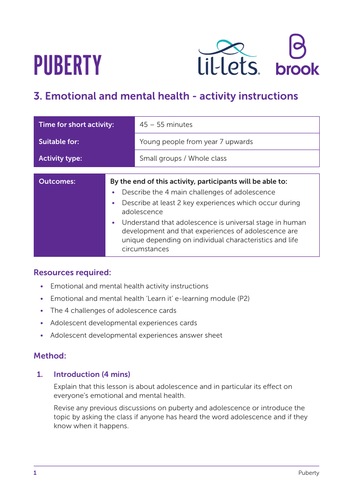Puberty: Emotional and mental health activity PSHE/RSE | Teaching Resources