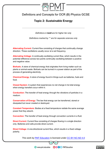 OCR (B) GCSE Physics Definitions | Teaching Resources