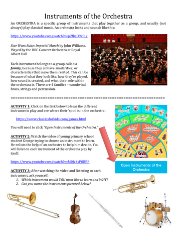 Home Learning: Instruments of the Orchestra KS1 | Teaching Resources
