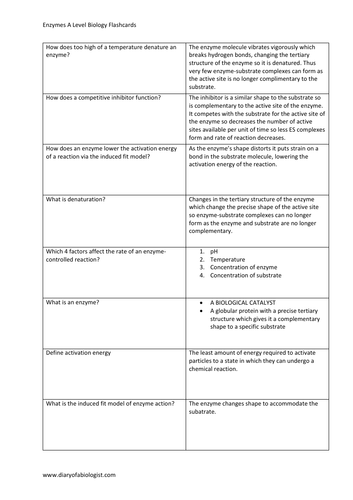 Flashcards AQA Enzymes A Level Biology | Teaching Resources