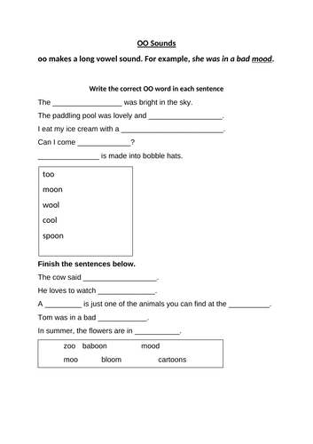 Phonics Worksheets oo, oa, ai, | Teaching Resources