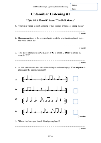 GCSE MUSIC: UNFAMILIAR LISTENING #1 | Teaching Resources
