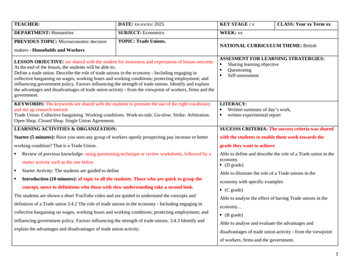 Trade Unions Lesson Plan 'MS word doc.' IGCSE Economics | Teaching ...
