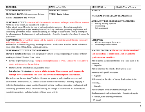 Trade Unions Lesson Plan 'MS word doc.' IGCSE Economics | Teaching ...