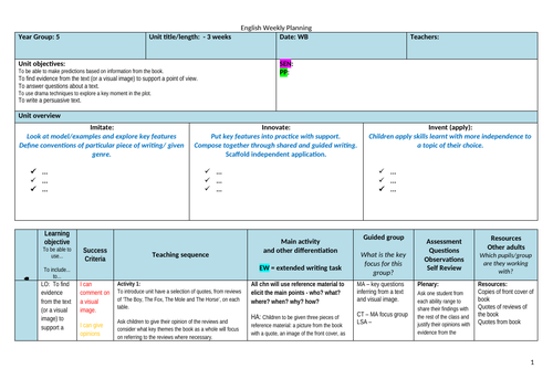English/ literacy 3 week planning based on the book 'The Boy, the Mole ...