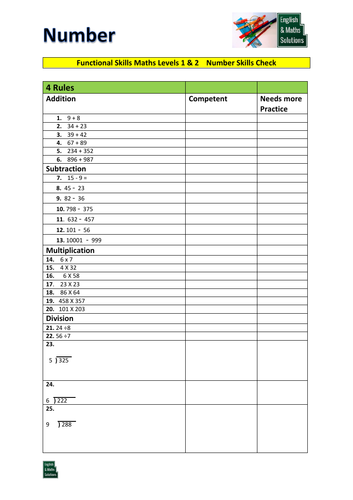 Functional Skills Maths Diagnostic Assessment Levels 1 & 2 Revised ...