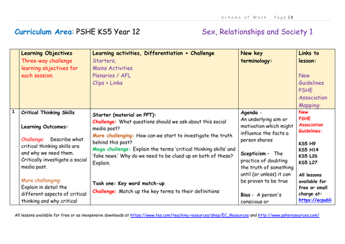 Year 12 Pshe Scheme Of Work Relationships And Sex 1 Teaching Resources