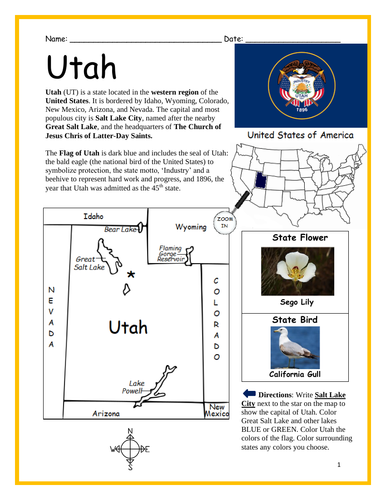 UTAH - Introductory Geography Worksheet | Teaching Resources