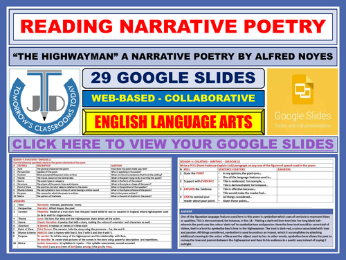 THE HIGHWAYMAN - READING NARRATIVE POETRY: 29 GOOGLE SLIDES | Teaching ...