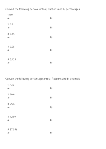 Decimals, fractions, and percentages conversion worksheet with answers ...